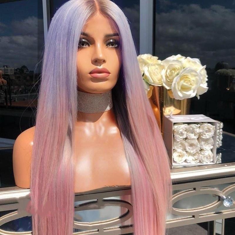 Buy Women Fashion Human Hair Wigs Gradation Pink /Blue Synthetic Heat ...
