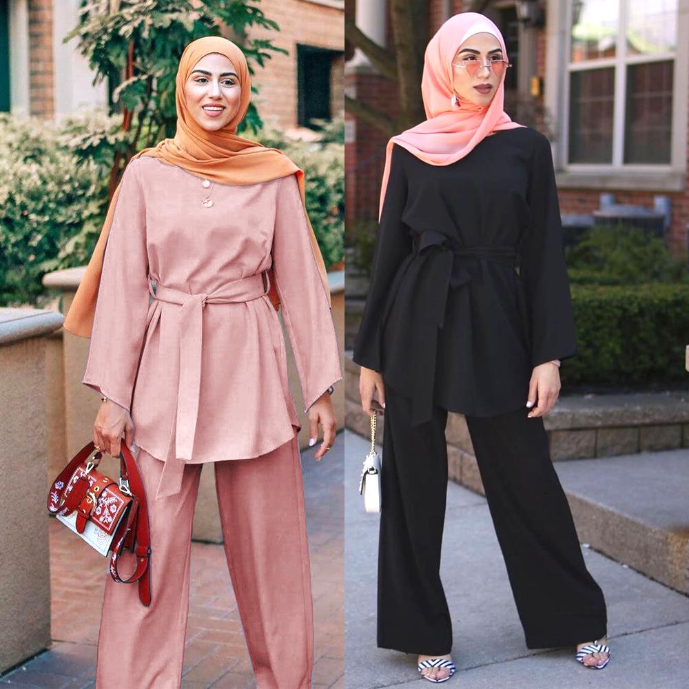 2 Adet / Set Orta Doğu Müslüman Bayan Elbise Üst Pantolon Takım Elbise ...