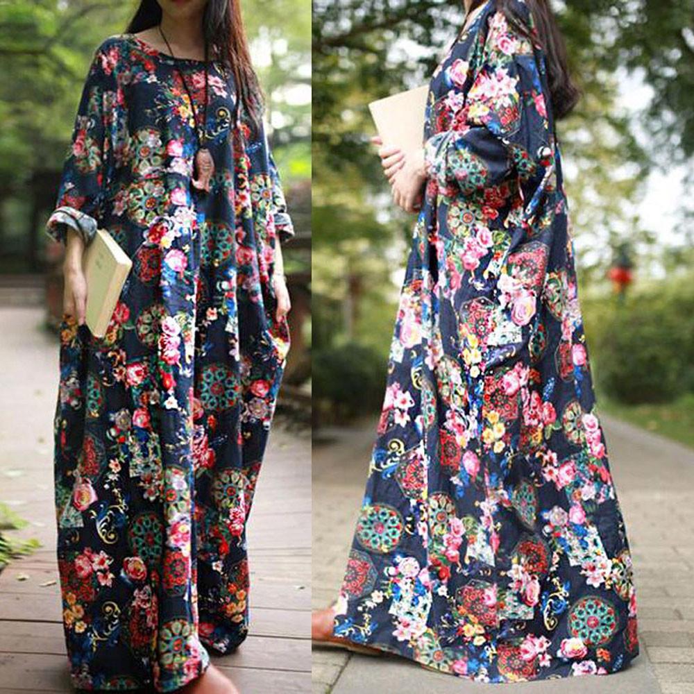 Buy Women Retro Floral Full-Length Tunic Baggy Long Sleeve Dress at ...