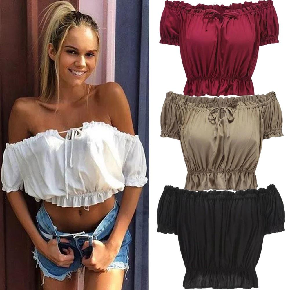Buy Women Off-shoulder Tank Top Casual Blouses Crop Tops T-Shirt at ...