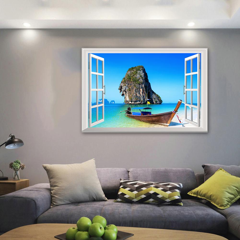 Buy Seaside Landscape 3D Fake Window Wall Sticker Removable DIY Decals ...