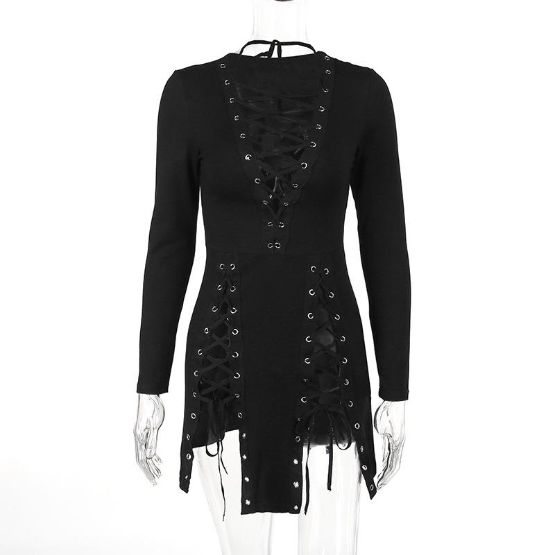 Cheap Long Sleeve Tie Double Slit Dress Gothic Bodycon Hollow Out Chic ...