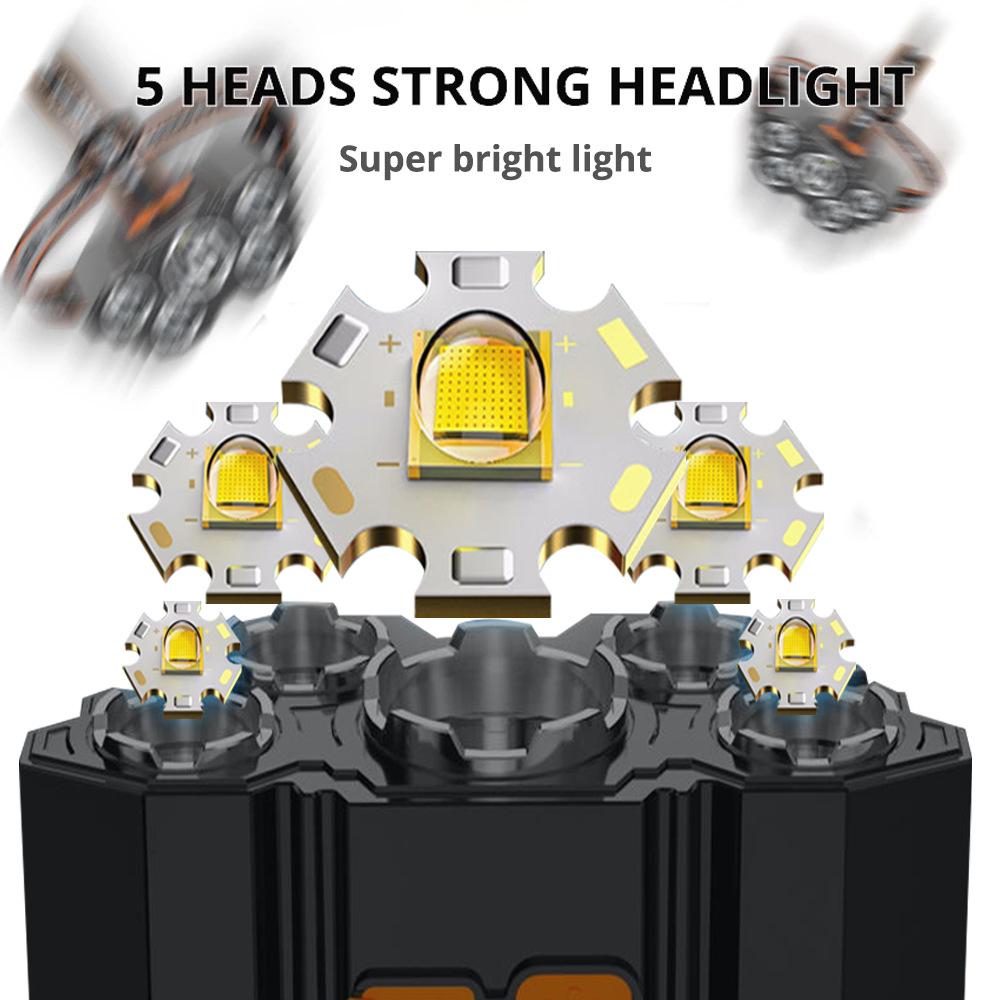 5 LED Headlamp USB Rechargeable Powerful Head Lamp with 18650 Built-in ...