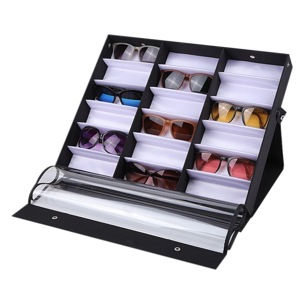 Cheap Leather Eyeglass Organizer Box 18 Grids Glasses Tray Sunglasses ...