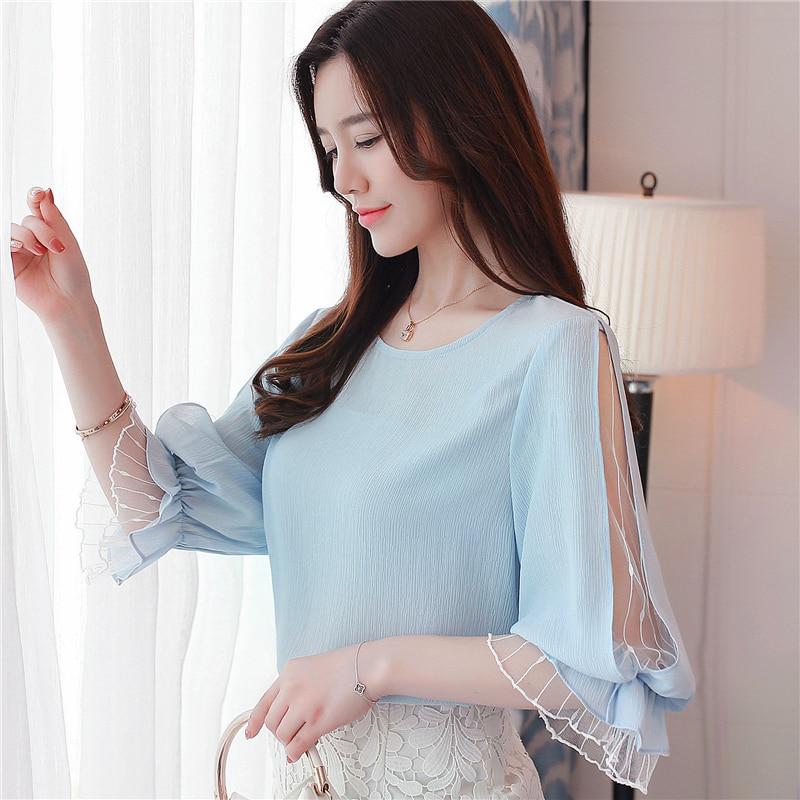 Buy Fashion Women Chiffon Blouse Summer Half Sleeve Light Blue Women ...