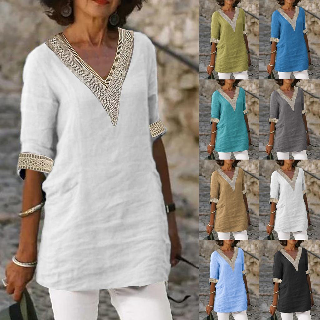 Женские повседневные свободные рубашки с кружевной отделкой и V ...