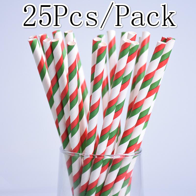 Buy 25pcs Red With Green Striped Paper Drinking Straws Creative ...