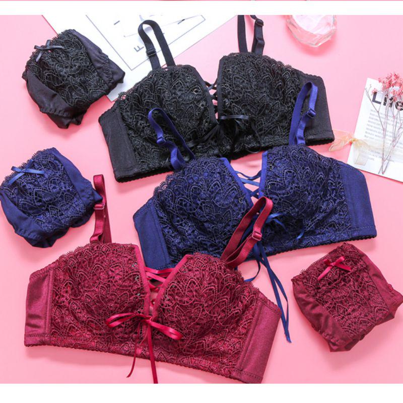 Buy Push-up Lace Solid Color Embroidery Drawstring Gathered Bra ...