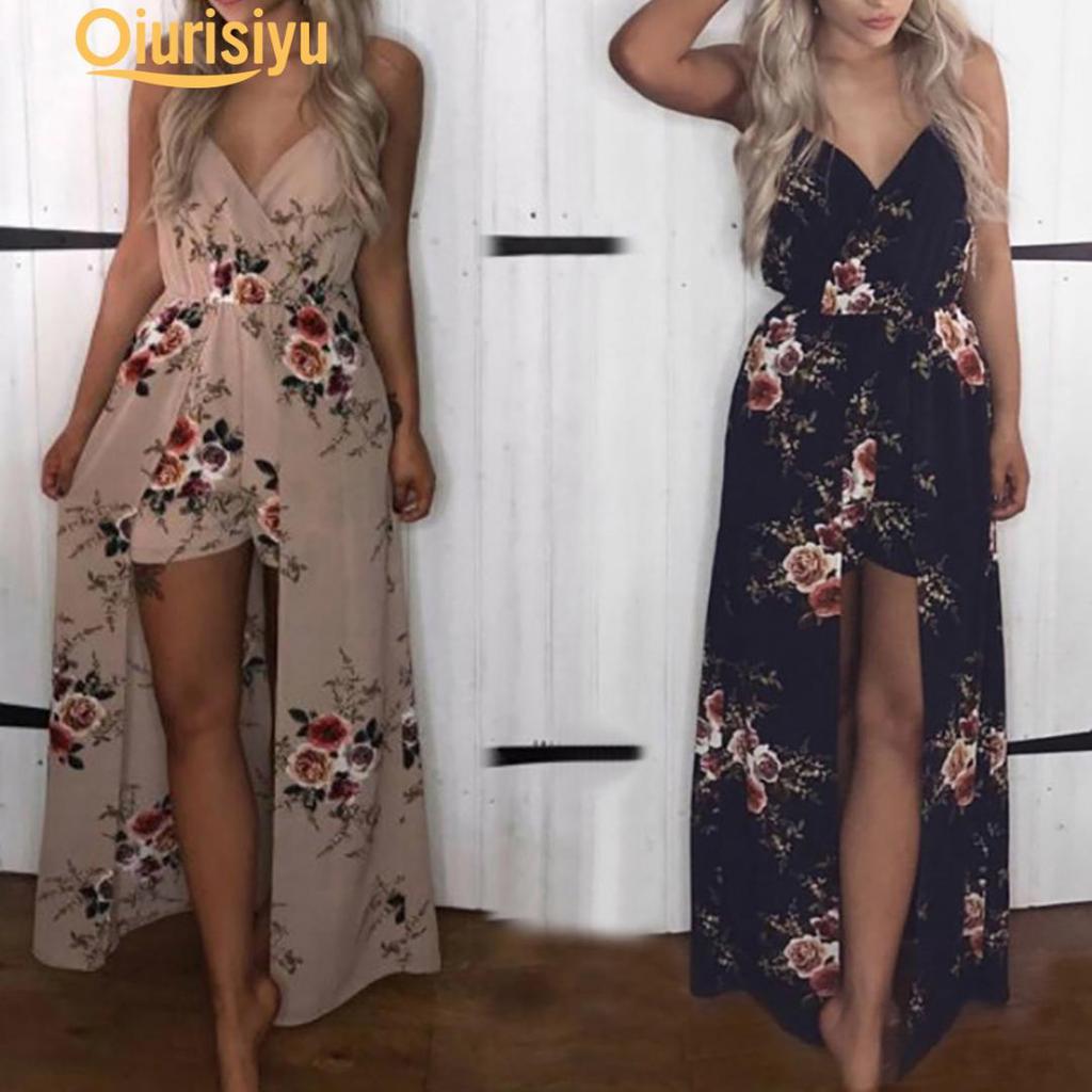 Buy Lady V Neck Spaghetti Strap Floral Print Romper Jumpsuit Long Maxi
