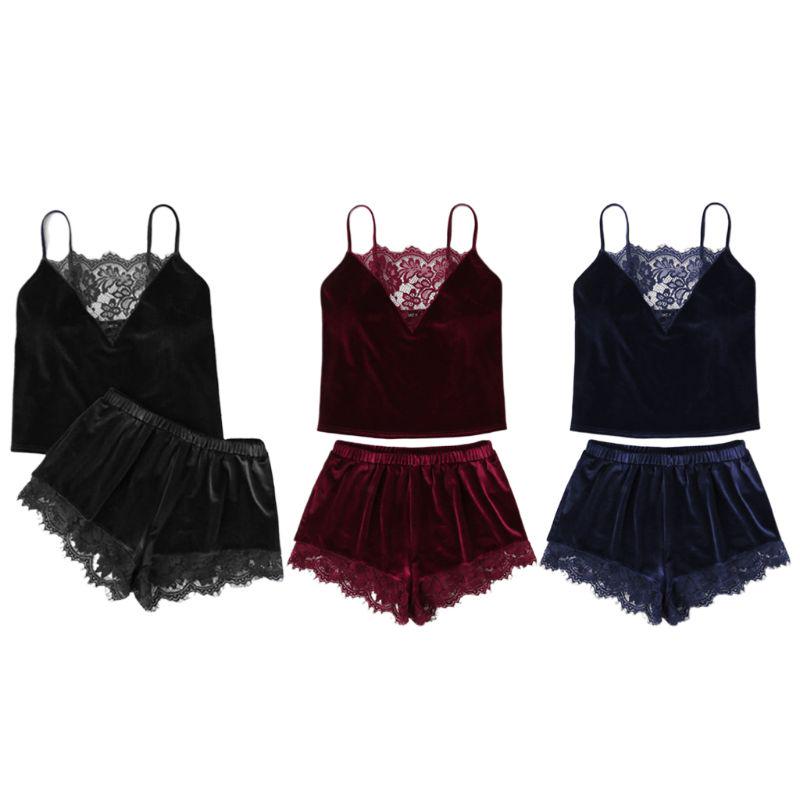 Buy Velvet Lingerie Sleepwear Spaghetti Strap Cami Top Wide Leg Eyelash ...