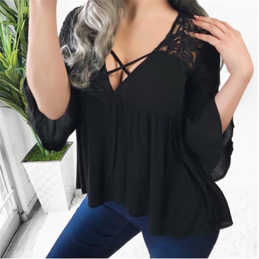 Fashion Women Long Sleeve Lace Splice T Shirt Casual Top Sexy Blouse