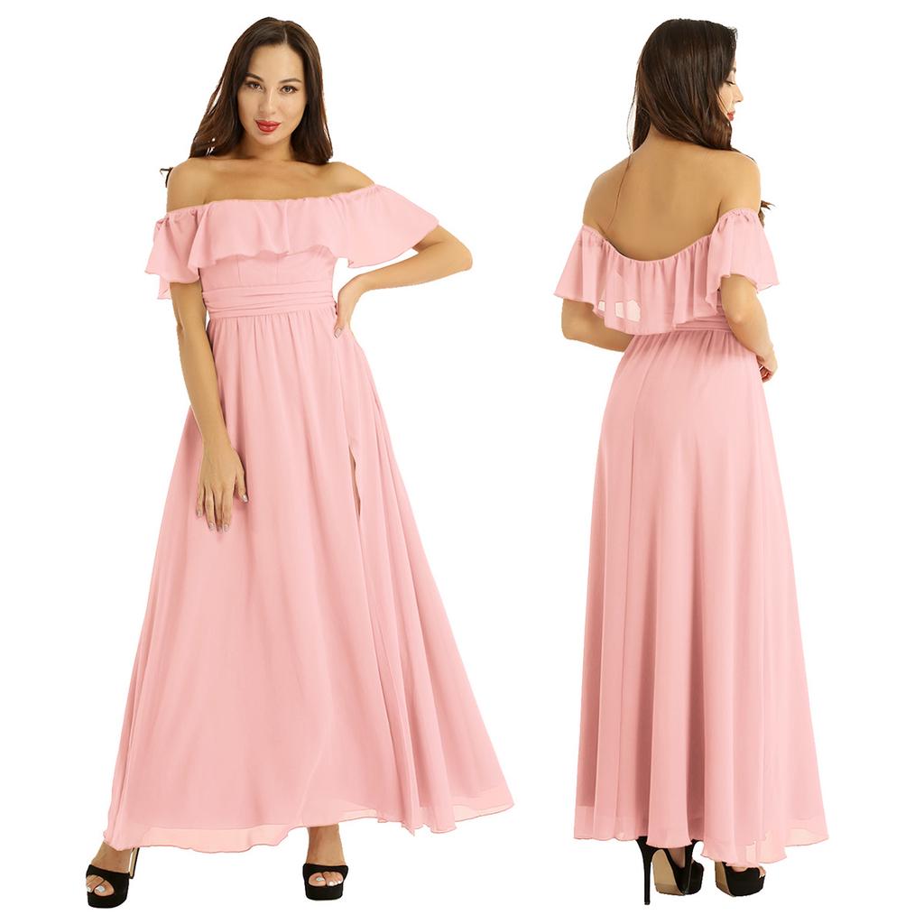 Buy Ladies Off Shoulder Ruffled Waist Side Split Chiffon Long ...