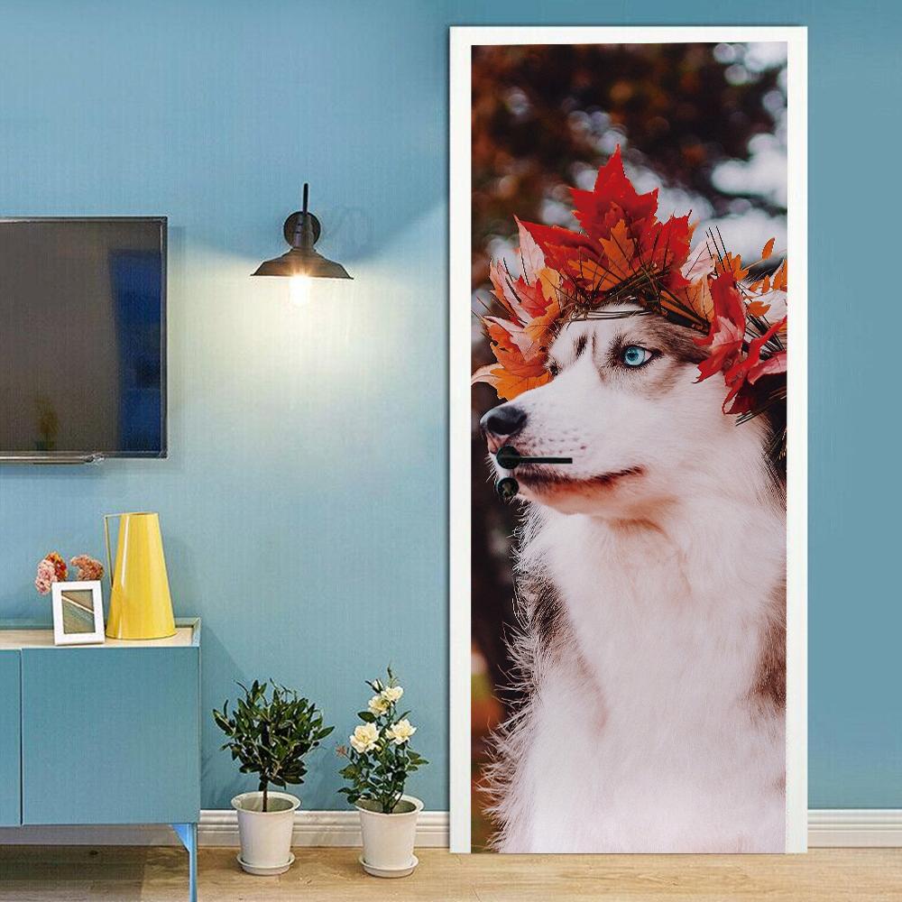 Buy Maple Leaf Wolf Door Sticker Self Adhesive Wallpaper 3D DIY ...