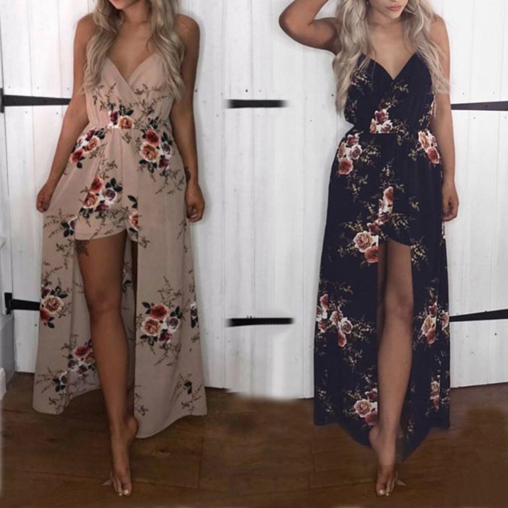 Buy Women V-Neck Overlay Romper Dress Floral Print Beach Spaghetti ...