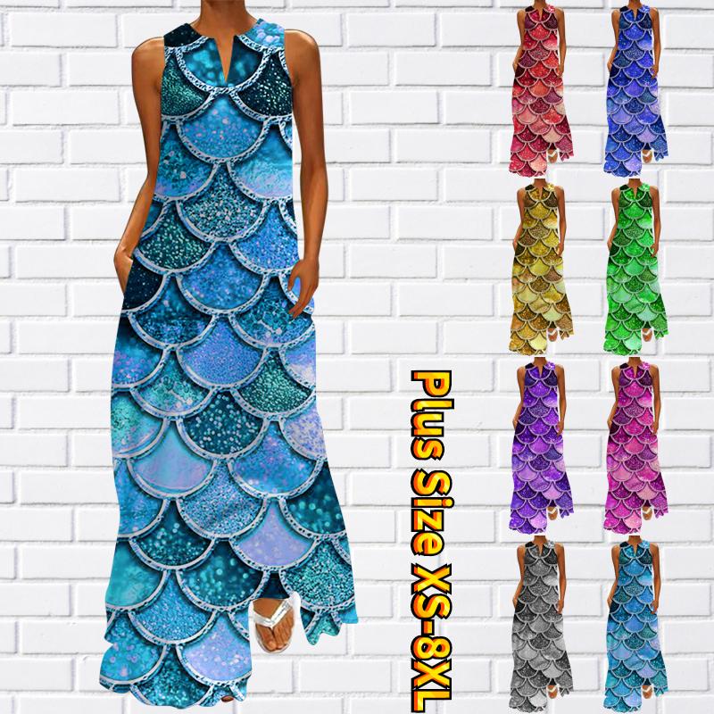 Buy Maxi Long Dress Sleeveless Flower Gold Glittering Fish Scales Print ...
