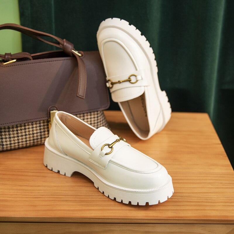 Buy Women Loafer Shoes 2021 Spring British Style Genuine Leather Ladies ...