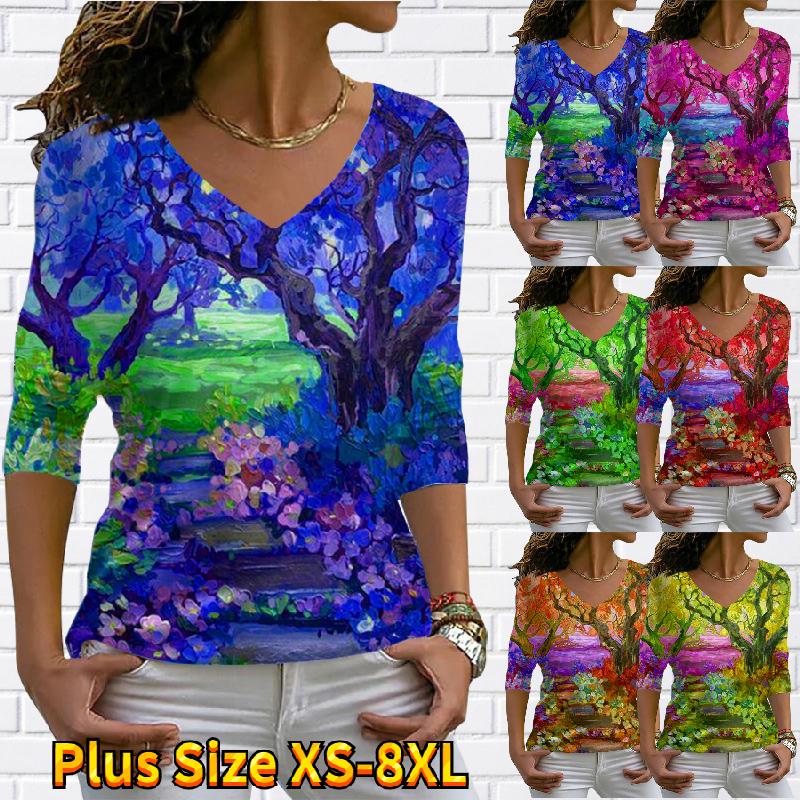 Cheap Women Autumn Wooded Paths Printed Long Sleeve T-Shirts Loose V ...