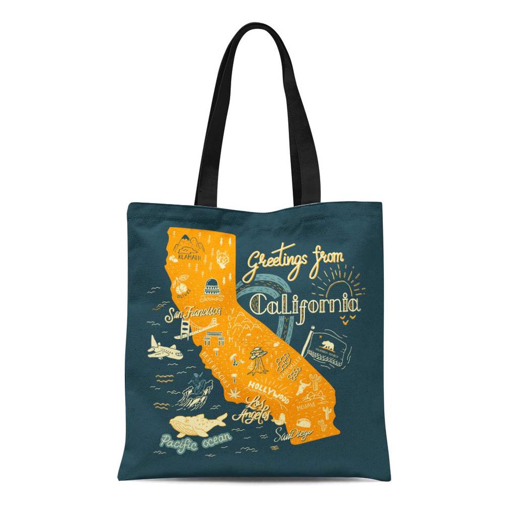 Canvas Tote Bag Adventure of California Map Tourist Attractions Travel ...