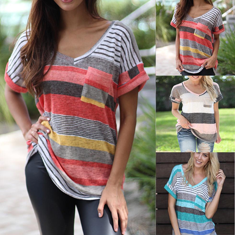 Buy Women Summer Short Sleeve T-shirt Loose Irregular Striped V Neck ...