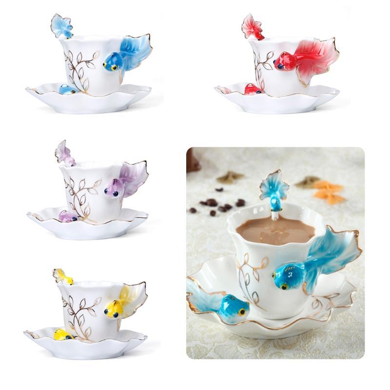 Китайский фарфоровый кофейный сервиз с золотой рыбкой, чайная чашка с ...