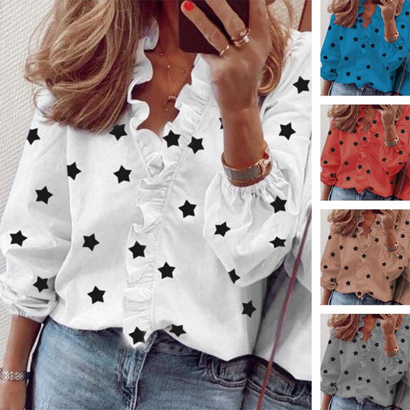 Buy Women's Fashion Stars Printed Casual Long Sleeve Shirt V Neck Stars ...