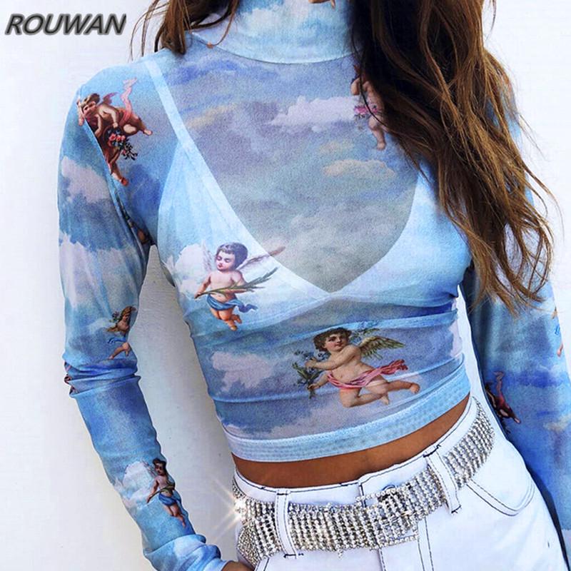 Buy RW Women Little Angel Prints Crop Tops Turtleneck Long Sleeve ...