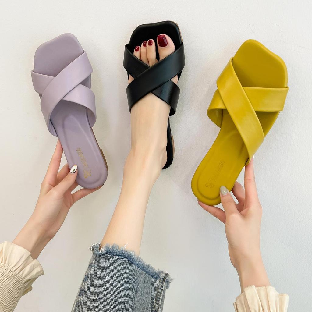 Fashion Cross Sandals and Slippers Women's Candy Color Square Head Flat ...