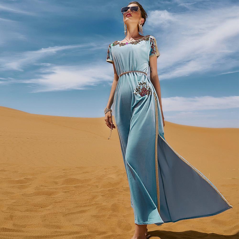 Buy Middle Eastern Muslim Dress Handmade Rhinestone Blue Velvet Slim ...