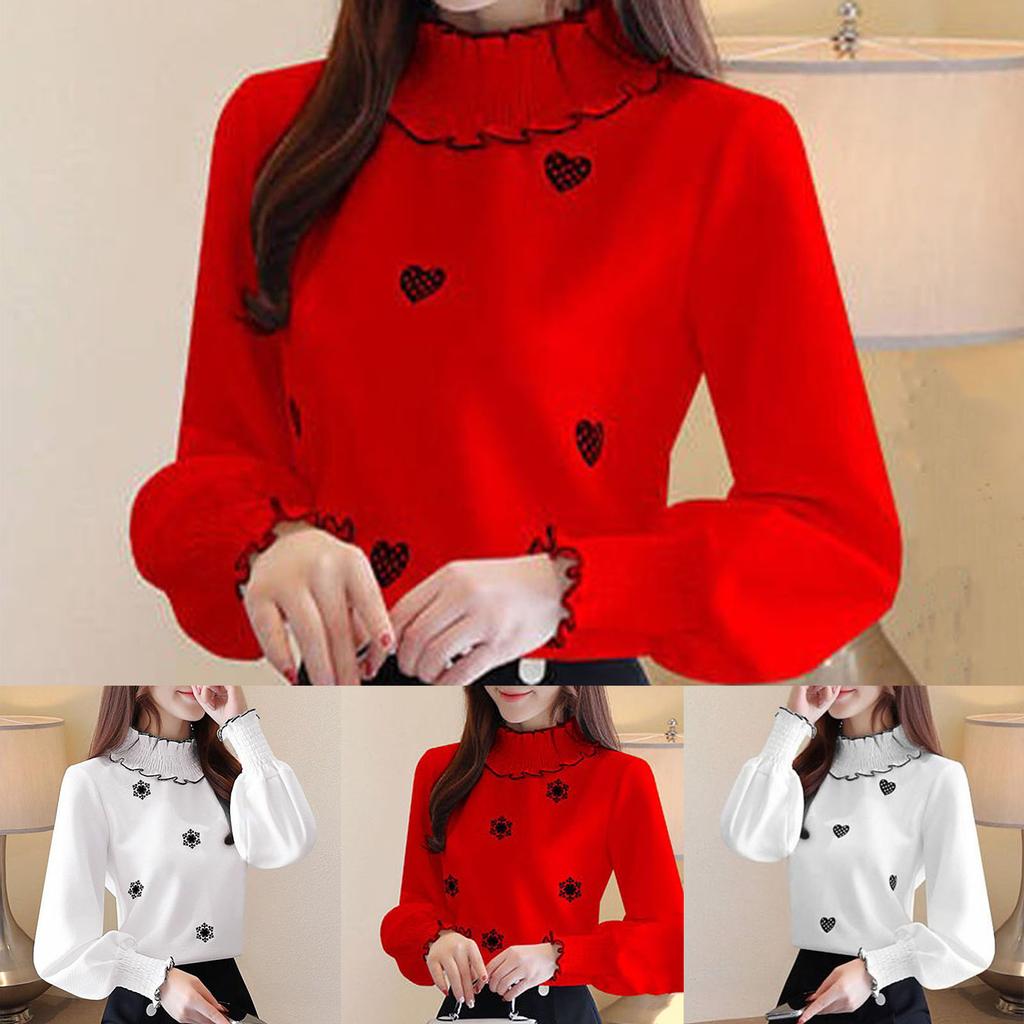 Buy Women Long Neck Blouse Heart Turtle Pattern Autumn Top Pullover at ...