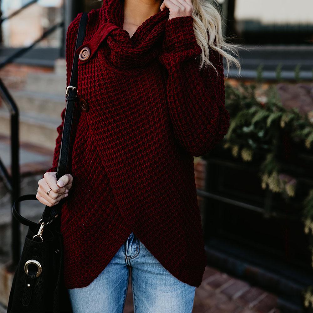 Buy Women Casual Loose Knit Irregular Sweater High Collar Pullover at ...