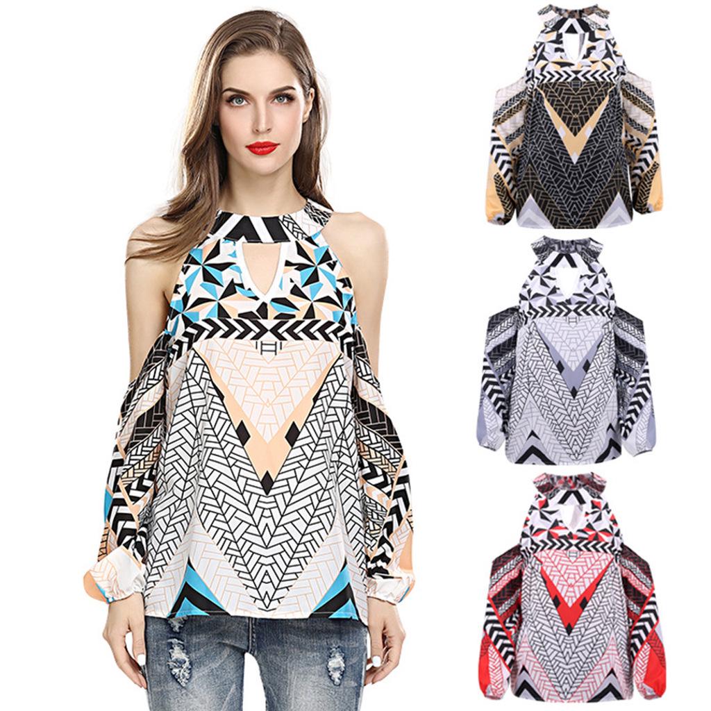 Buy Women Casual Boho Blouse Off Shoulder Retro Geometry Tops Long ...