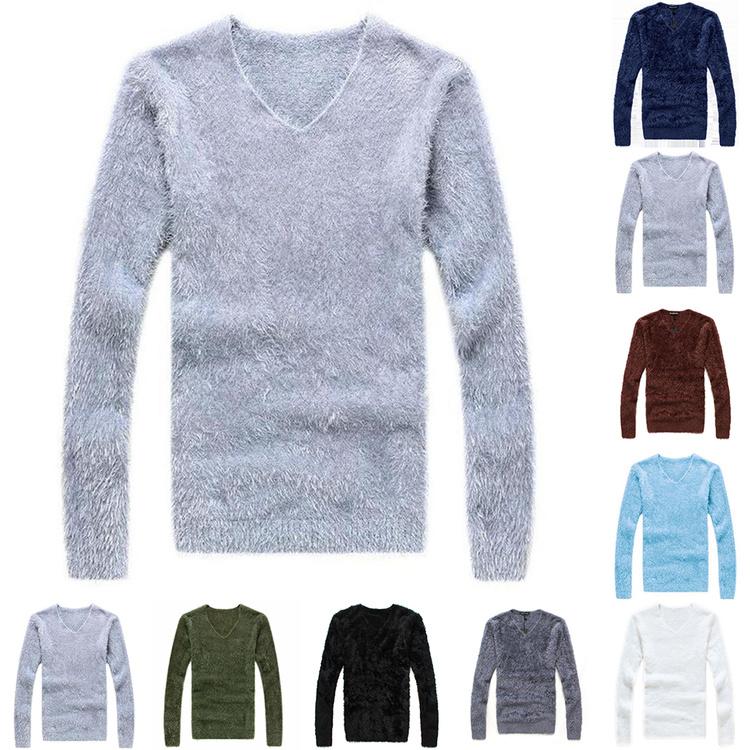 Buy Men Solid V-neck Long Sleeve Fluffy Pullover Winter Warm Slim ...