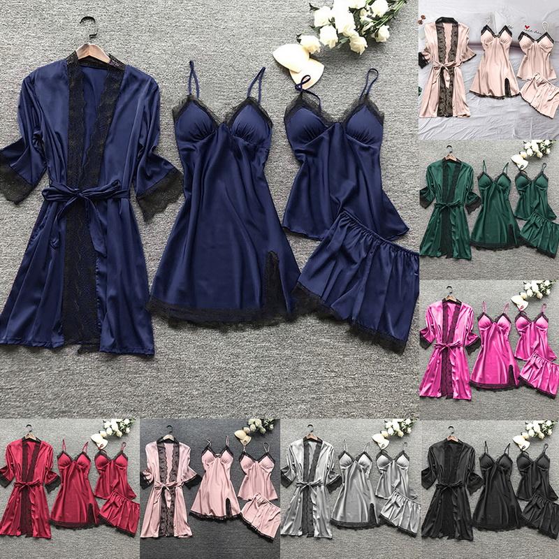 Buy Women Homewear Sleepwear Suits Pajamas Sets Satin Sleepwear Silk 4 ...