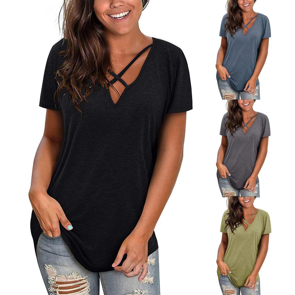 Buy Womens Short Sleeve V Neck T-Shirt Criss Cross Tops Casual Loose at ...