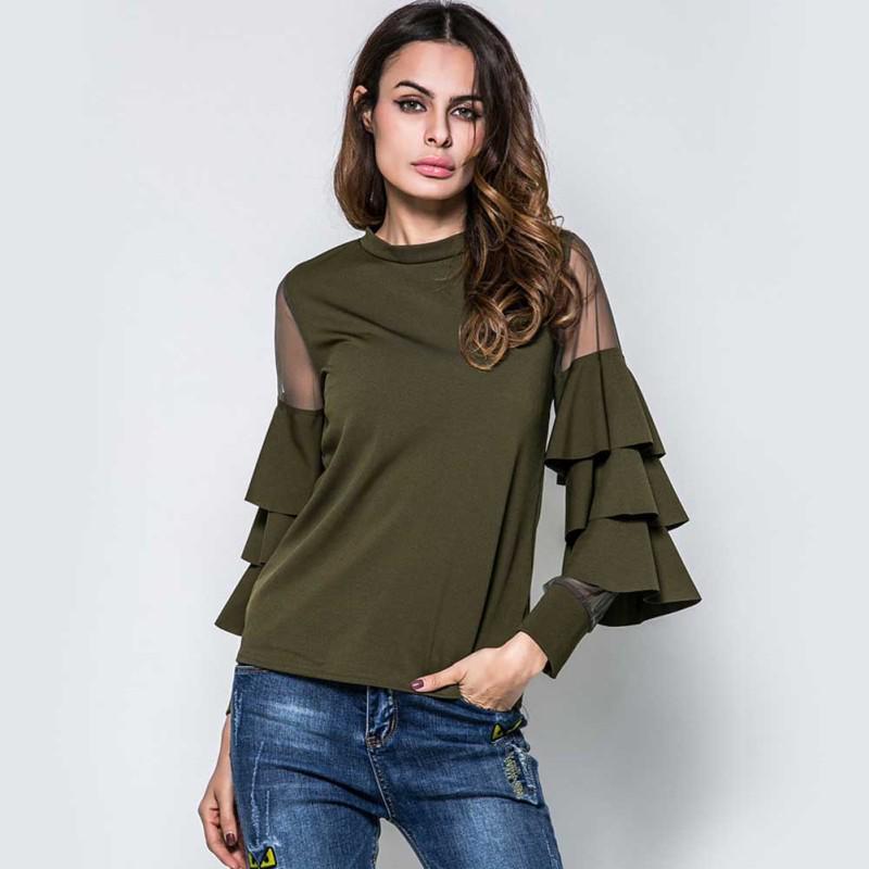 Buy Women Small Stand Collar Net Yarn Splicing T-shirts Pagoda Sleeve ...
