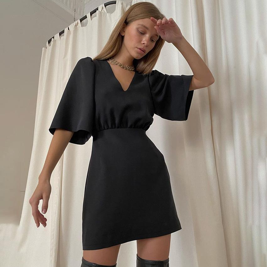Buy Luxury Black Short Sleeve Summer Women Dress Sexy V-neck Solid High ...