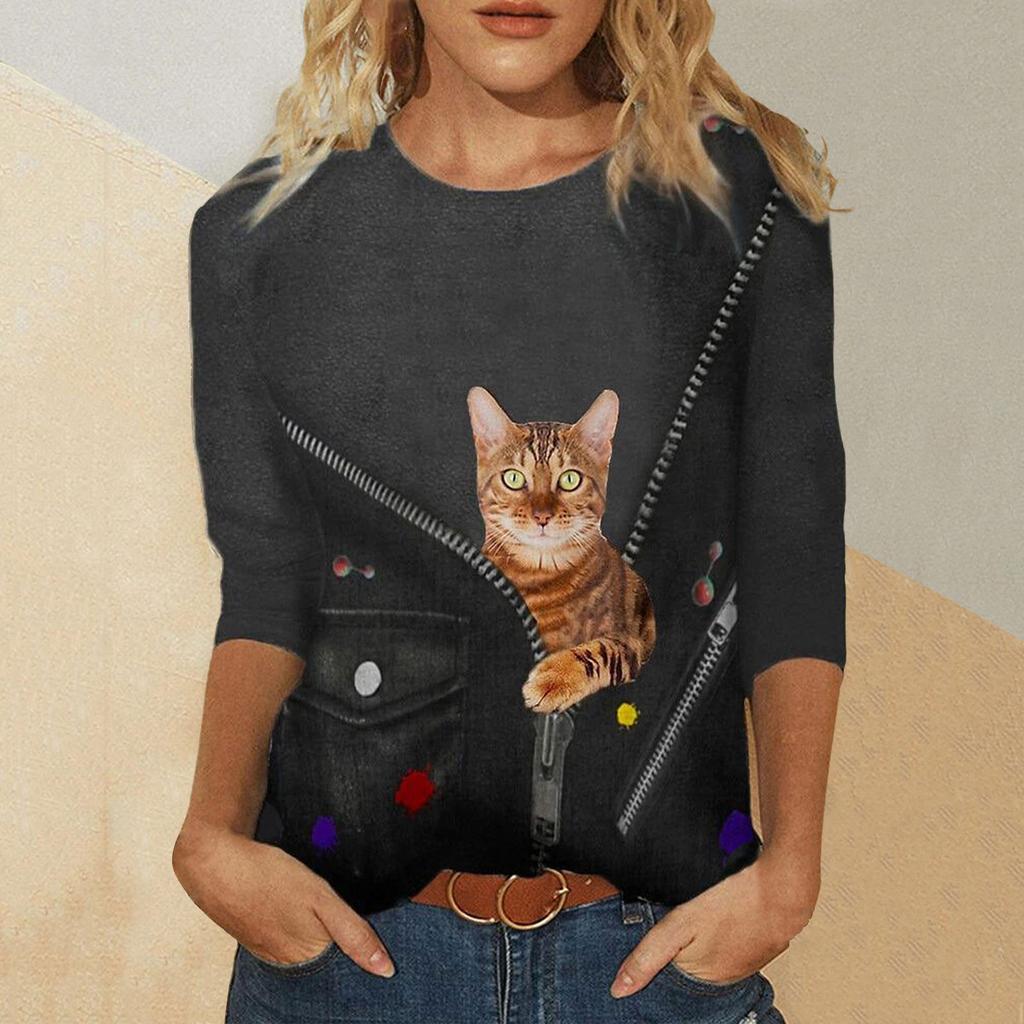 Buy Women Autumn Winter Tops Loose Cat Print Causal Long Sleeve T-shirt ...
