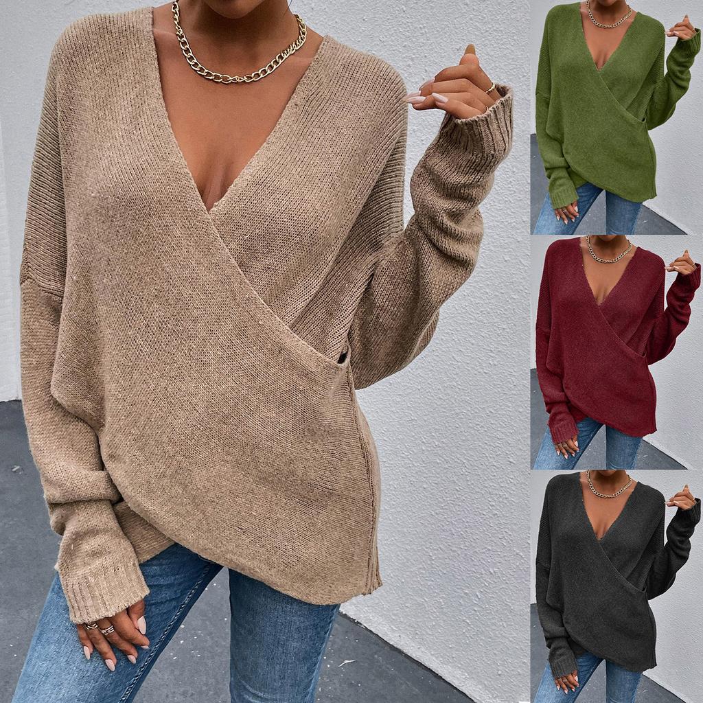 Buy [Qi]Women Autumn Casual Fashion Solid Color Coat Cross Loose Knit ...