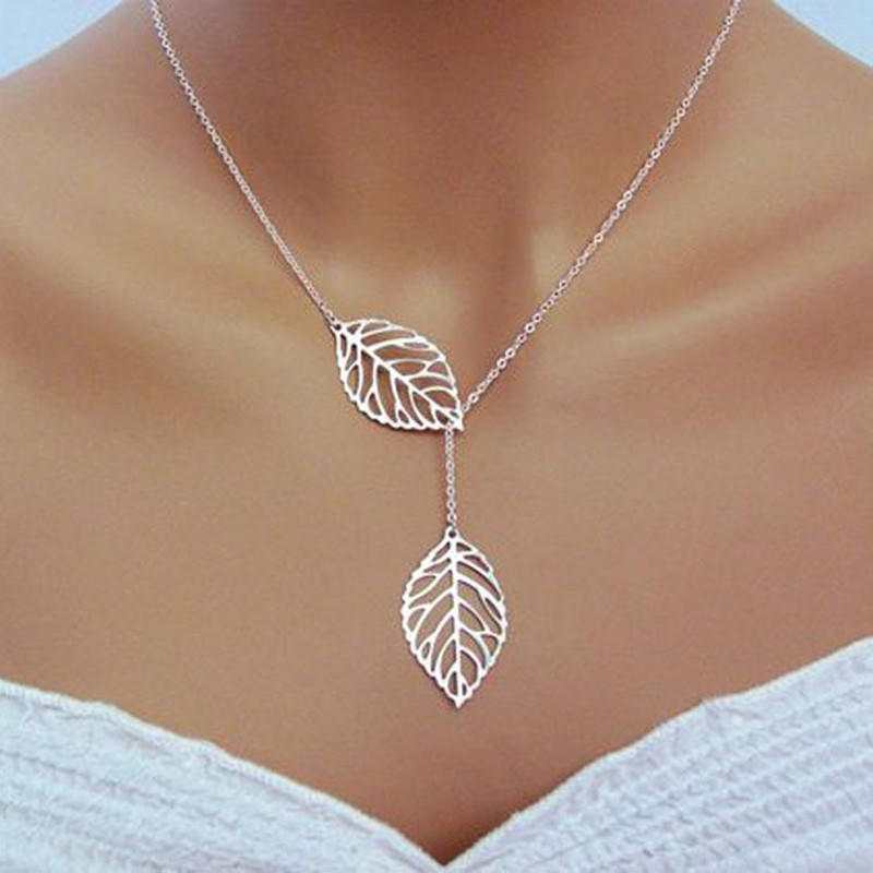 Buy Metal Double Leaf Necklace Double Leaf Collarbone Chain Ornament ...