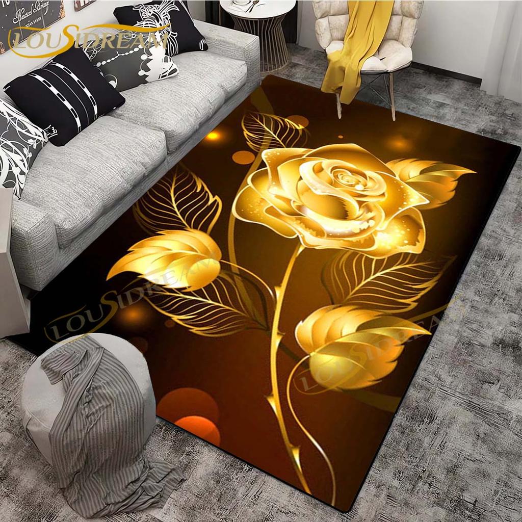 Cheap 3D Red Roses with Gold Leaves Carpet Luxury Gold Rose Rugs for ...