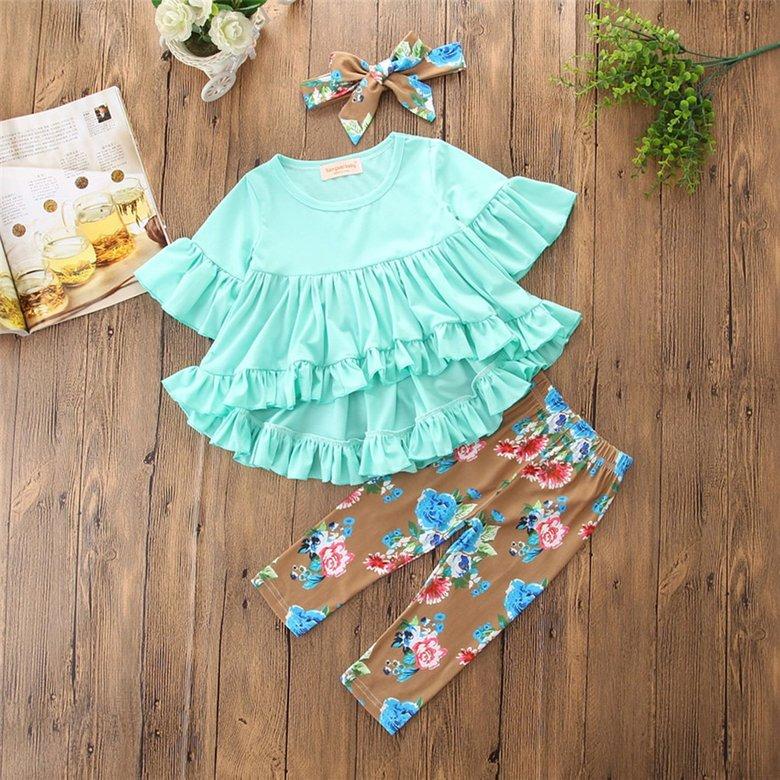 Buy Kidstown 3pcs Children Clothes Flouncing Tops+Floral Pants+Bowknot ...
