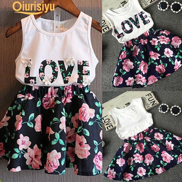 Buy Girls Love Letters Printed Vest Tops + Skirt Two Piece Set at ...