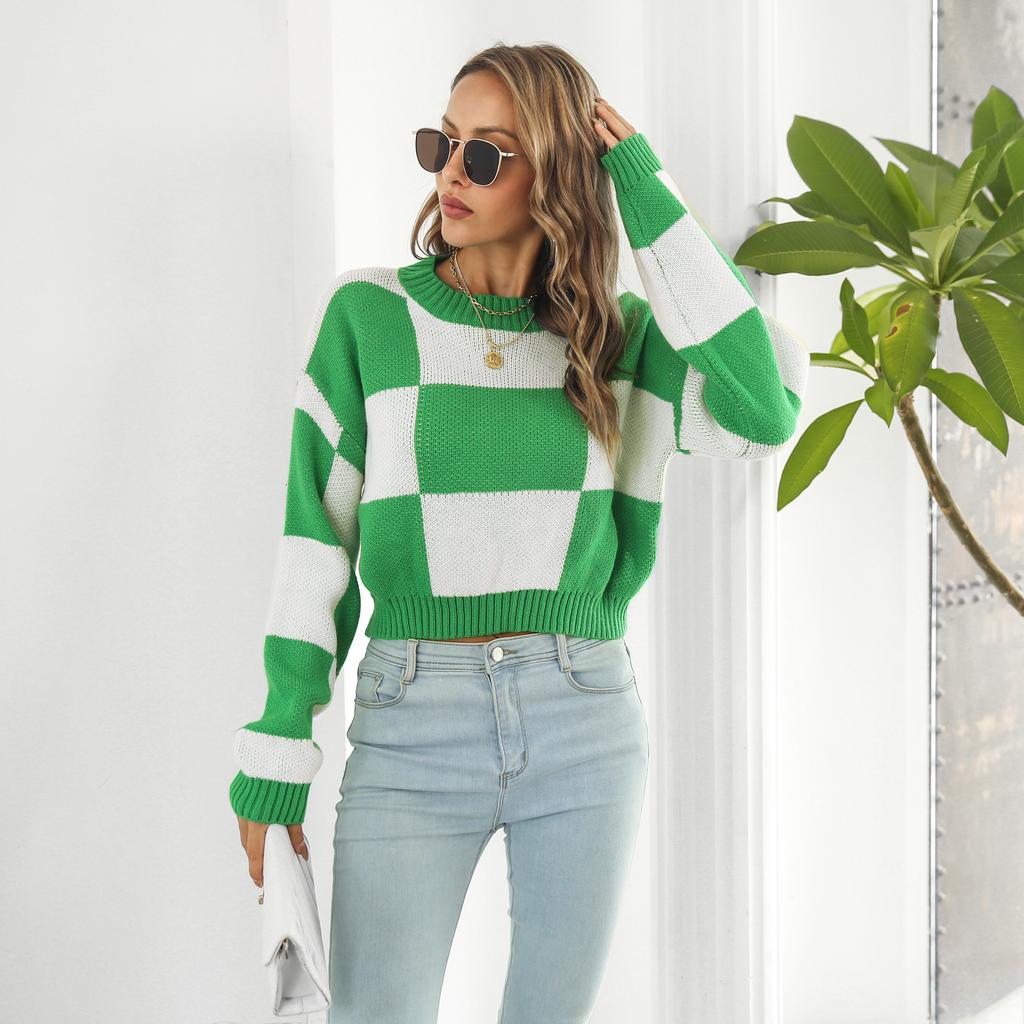 Women's Check Short Sweater Loose Check Jacquard Knit Sweater uygun ...