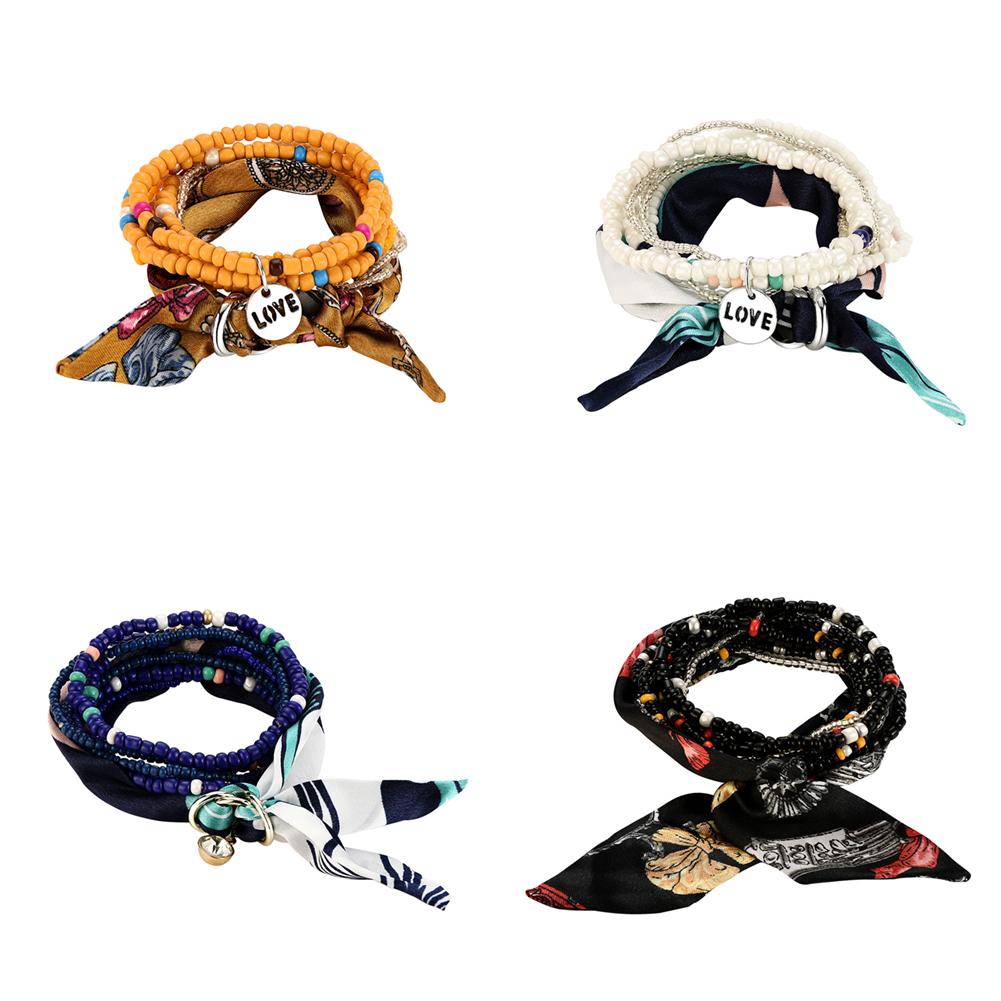 💰Kjøp Bohemian Women Multilayer Rice Bead Bracelet Silk Scarf Bowknot ...
