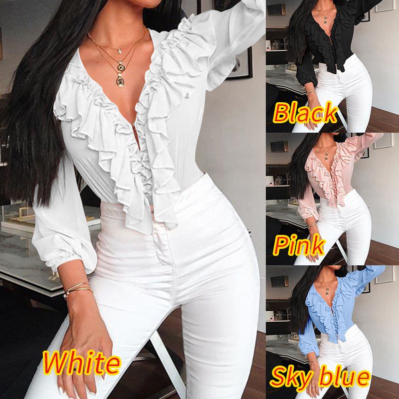 Celmia Bayan Moda Fırfırlar Bluz Seksi V Yaka Uzun Kollu Gömlek Örtme ...