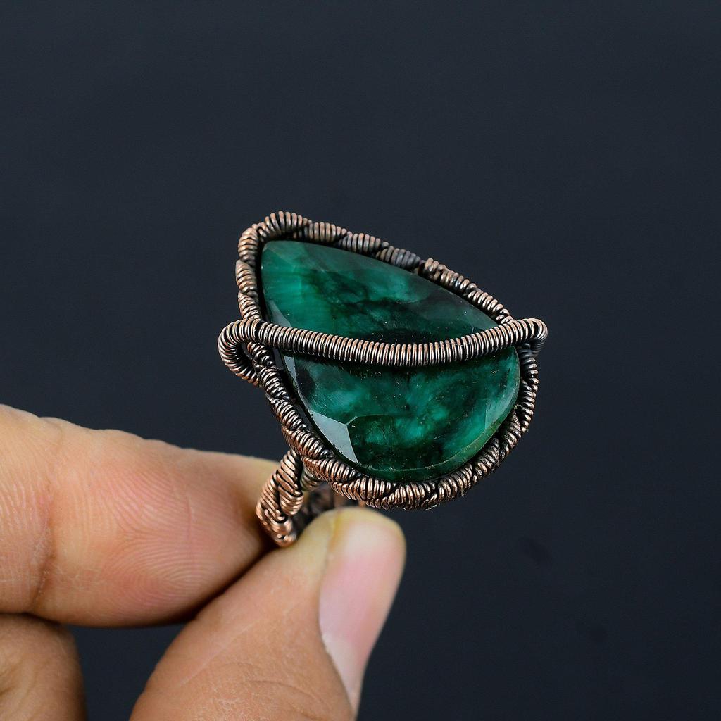 Lab-Created Emerald Gemstone Copper Wire Wrapped Handmade Jewelry Ring ...
