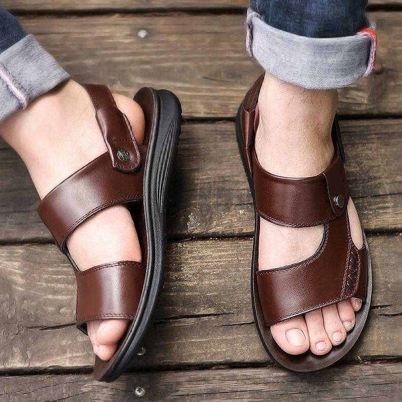 Купити Cowhide Genuine Leather Men's Sandals Men's Summer Beach Shoes ...