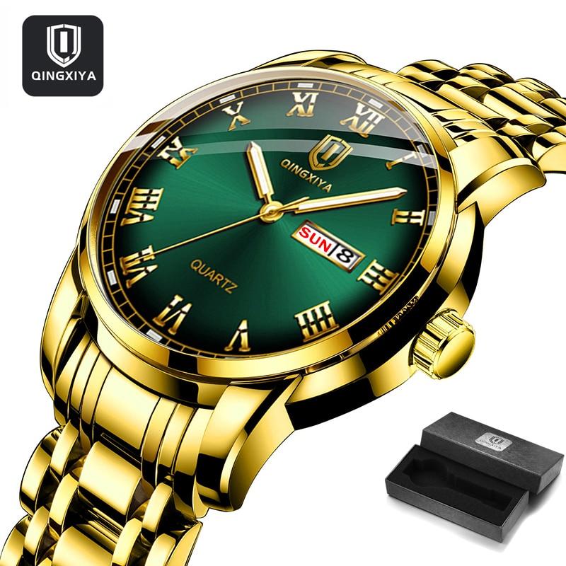Buy QINGXIYA Top Brand Luxury Gold Red Quartz Watch Men Stainless Steel ...