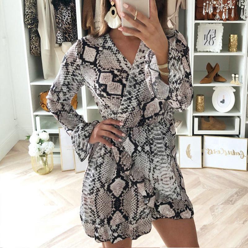Buy Snake Pattern Dress Woman Sexy V Neck Long Sleeve Mini Skirt Autumn ...