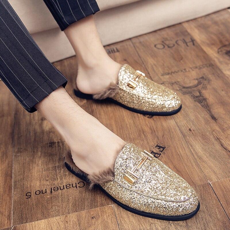 Buy Original Half Slippers for Man Winter Warm Fur Flats Shoes Men Gold ...